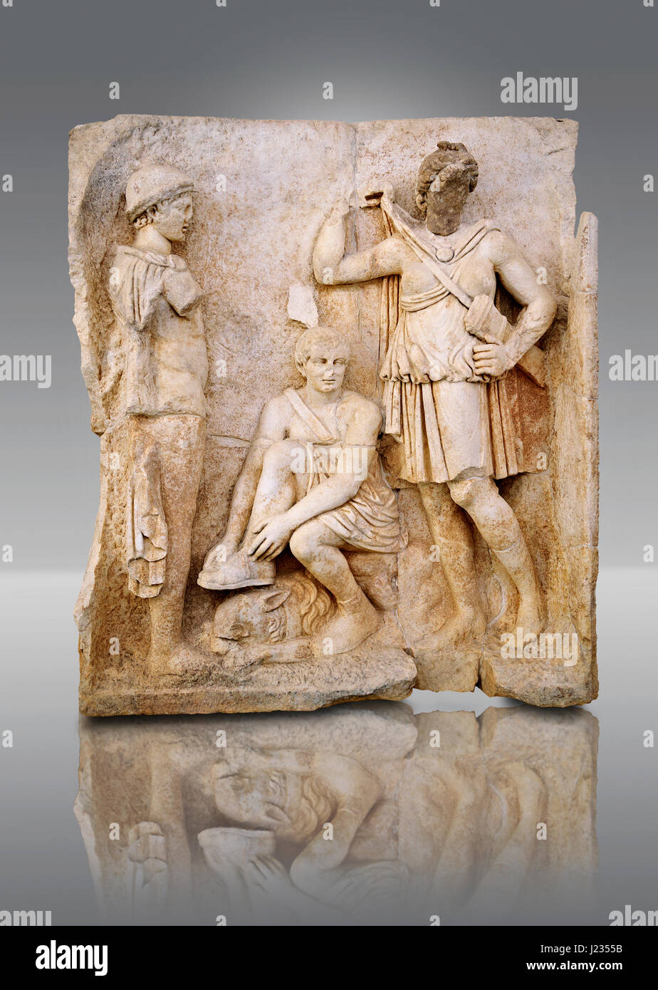 Roman temple freize relief sculpture of Meleager sits on a rock tying ...