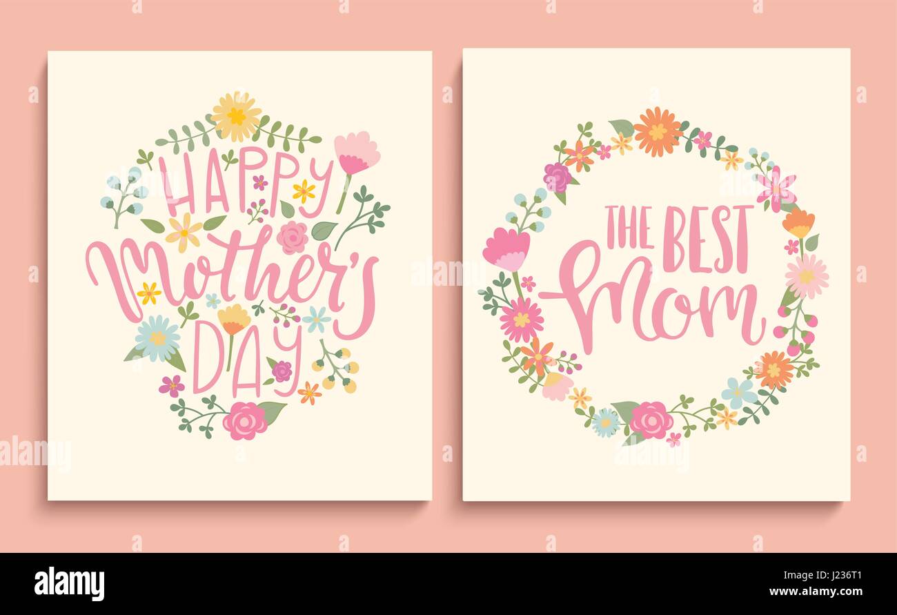 Set Of Happy Mothers Day Cards With Handdrawn Lettering In Floral