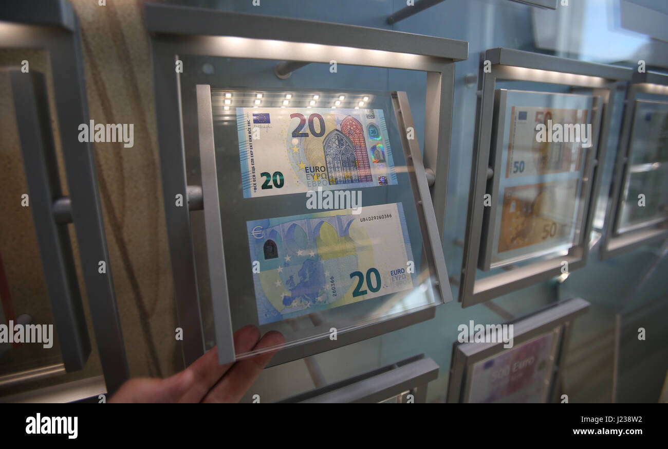 Euro notes on display in the Irish Central banks new Dublin Docklands ...