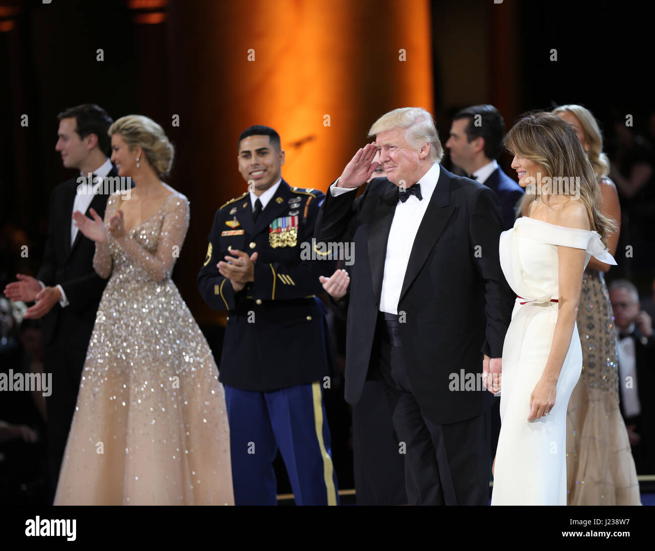 U.S. President Donald Trump salutes soldiers during the Salute to Our ...