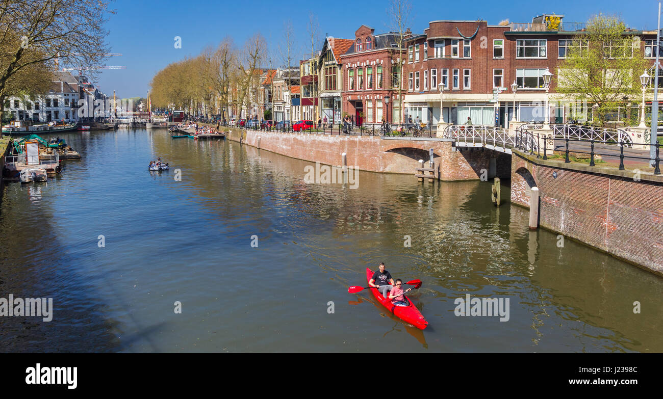 Tourists in a canoe in the historic canals of Utrecht, Holland Stock ...