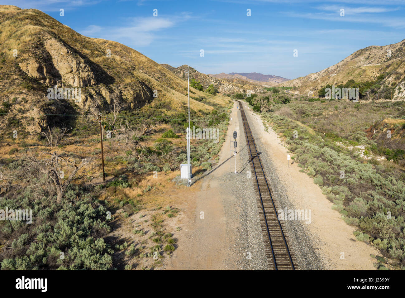 Railroad track in the Mojave Desert of southern California leads ...