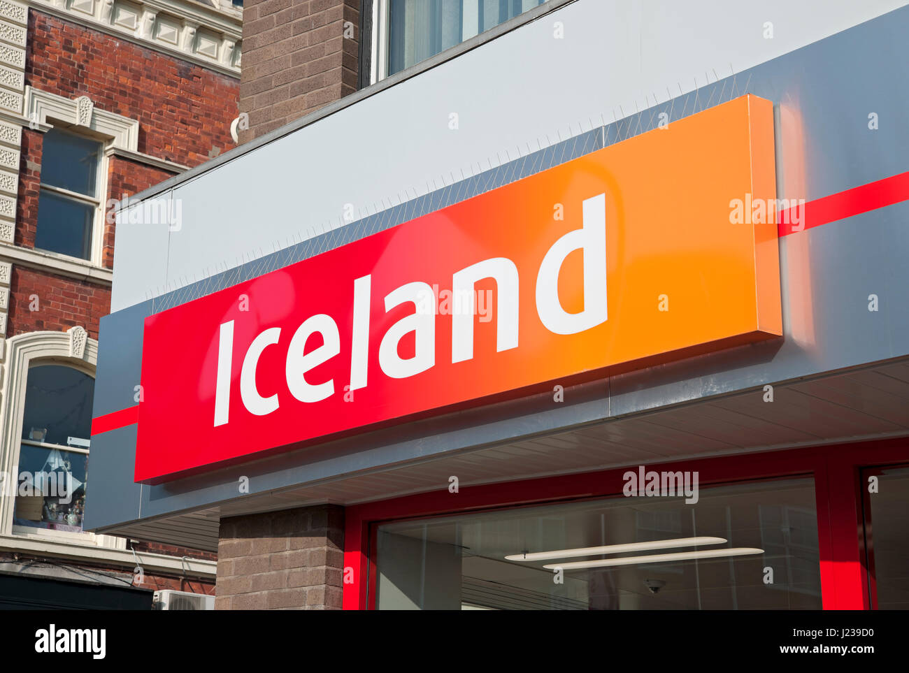 Close up of Iceland frozen food supermarket shop store sign signage ...