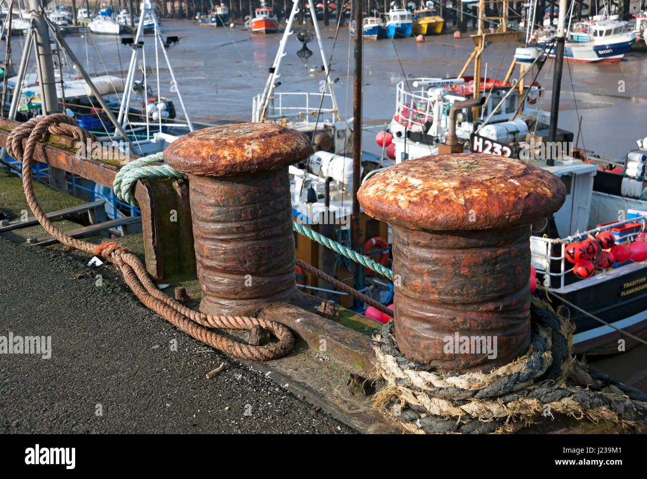 Close up of bollard bollards on the harbour wall quayside Bridlington ...