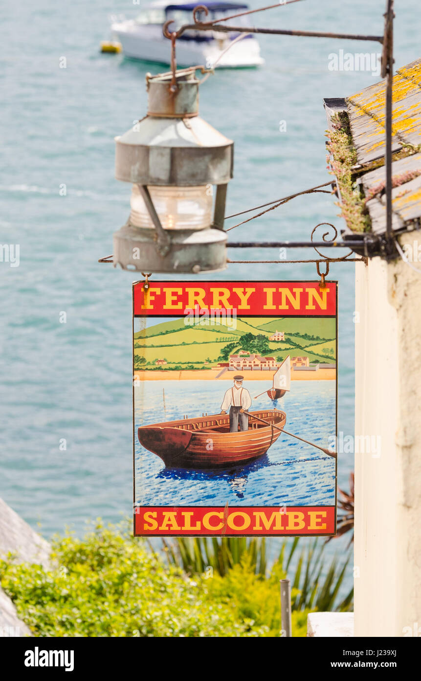 Colourful hanging sign for the Ferry Inn pub in Salcombe, Devon Stock ...