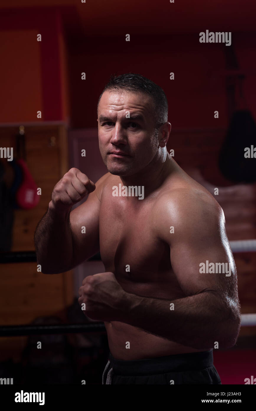 professional kickboxer with hands in martial arts position training for ...