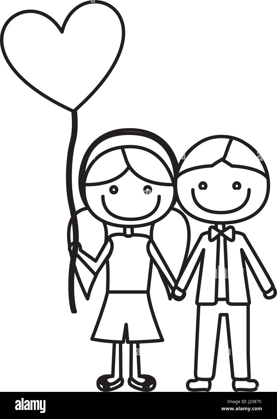 monochrome contour of caricature of boy short hair and girl with ...