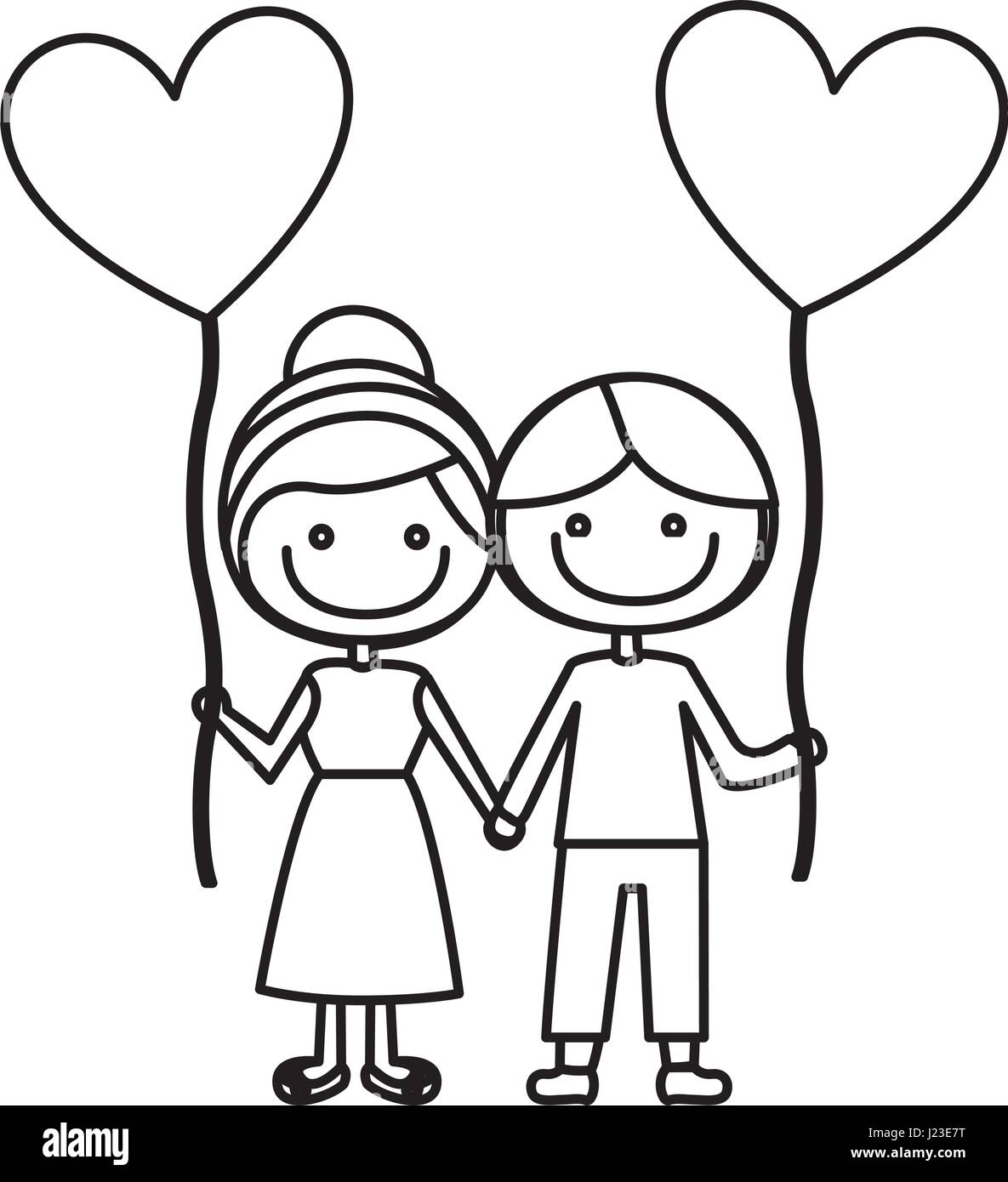 monochrome contour of caricature of boy and girl with balloon in shape ...