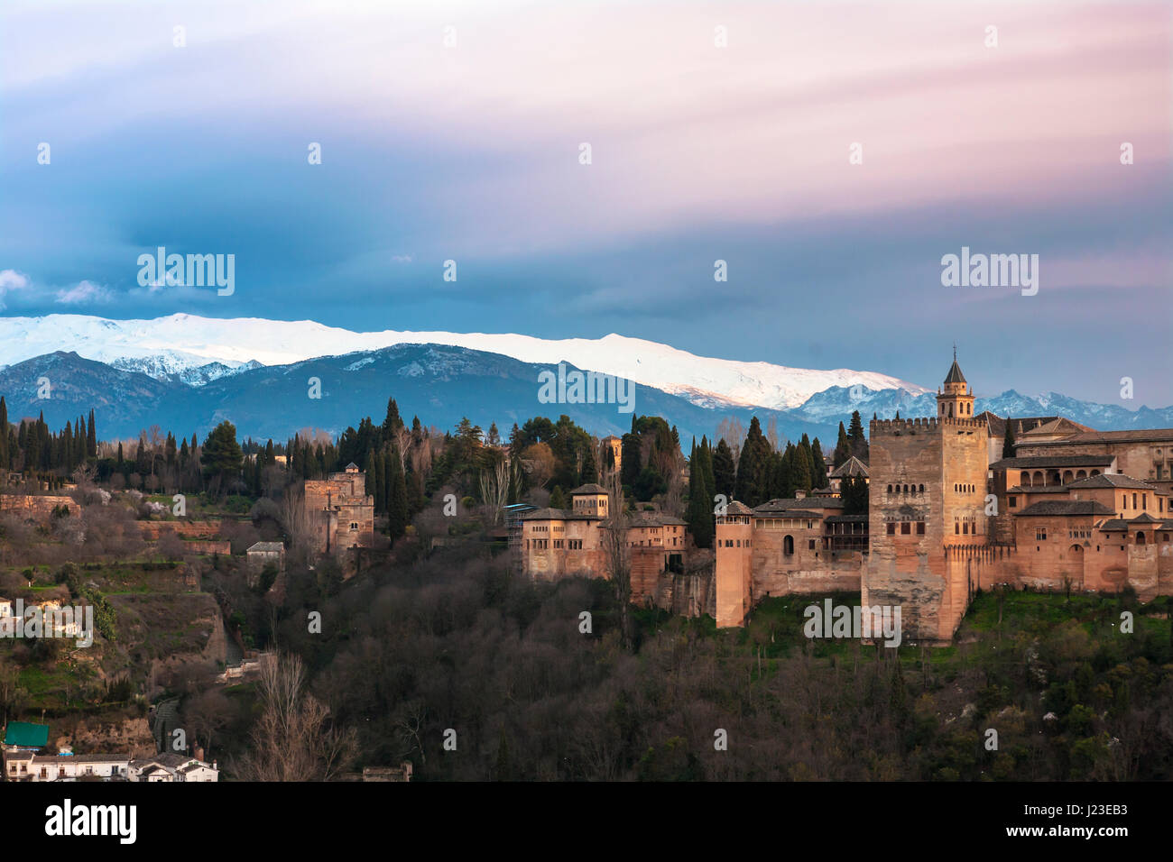 Classic view of the Alhambra from La Mezquita Mayor de Granada, (Great ...