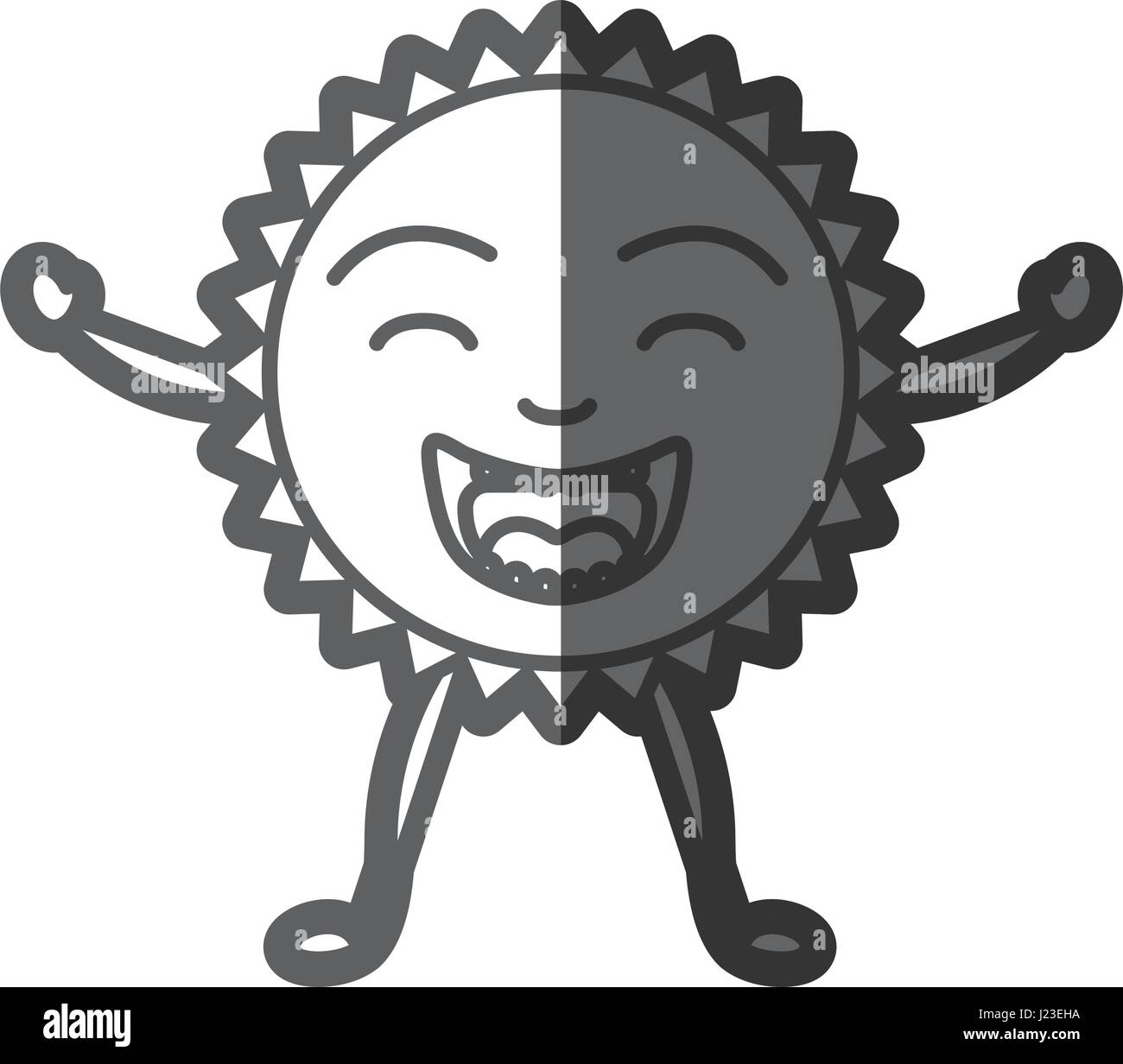 grayscale thick silhouette of caricature of the sun smiling with arms ...