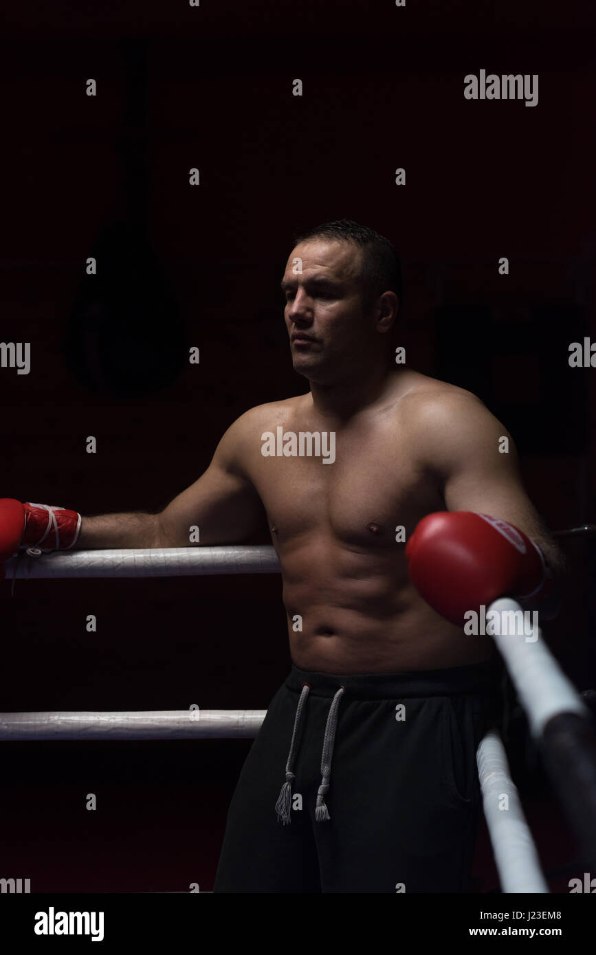 muscular professional kick boxer resting on the ropes in the corner of ...