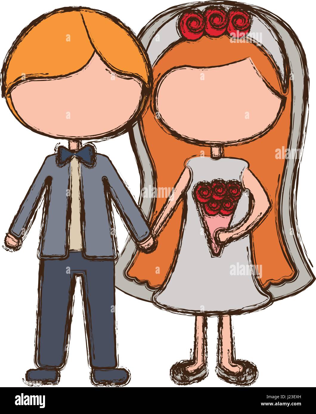blurred colorful faceless cartoon couple in wedding suit with blond ...
