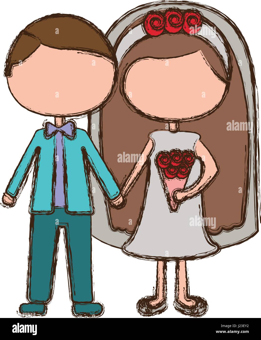 blurred colorful faceless cartoon groom with formal suit and bride with ...