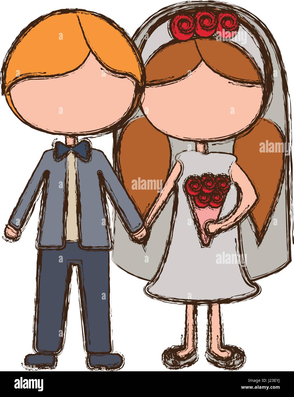 blurred colorful faceless cartoon groom with formal suit and bride with ...