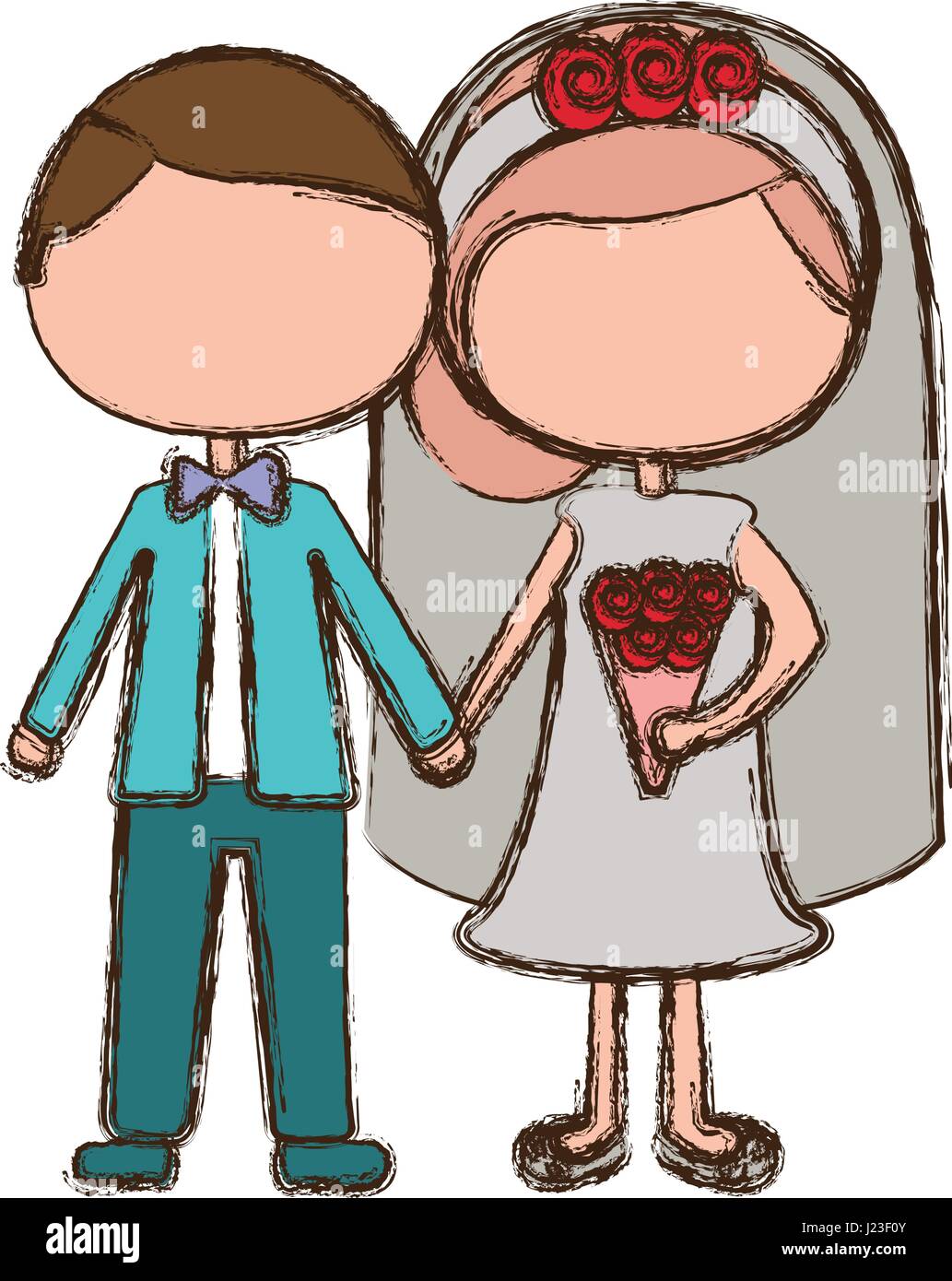 blurred colorful faceless cartoon groom with formal wear and bride with ...