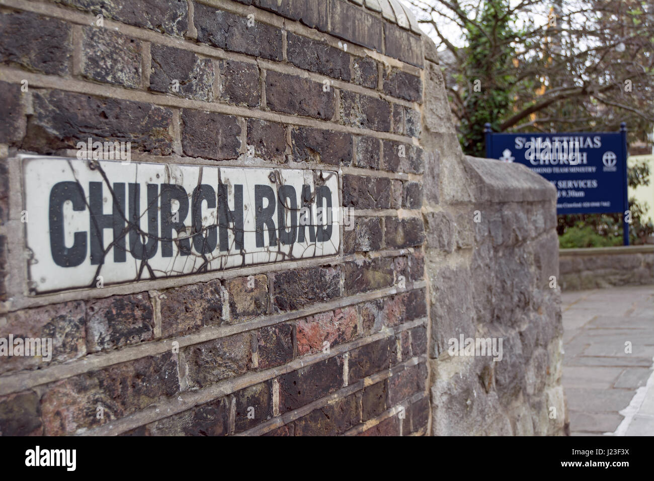 street name sign for church road, richmond, surrey, england, with sign ...