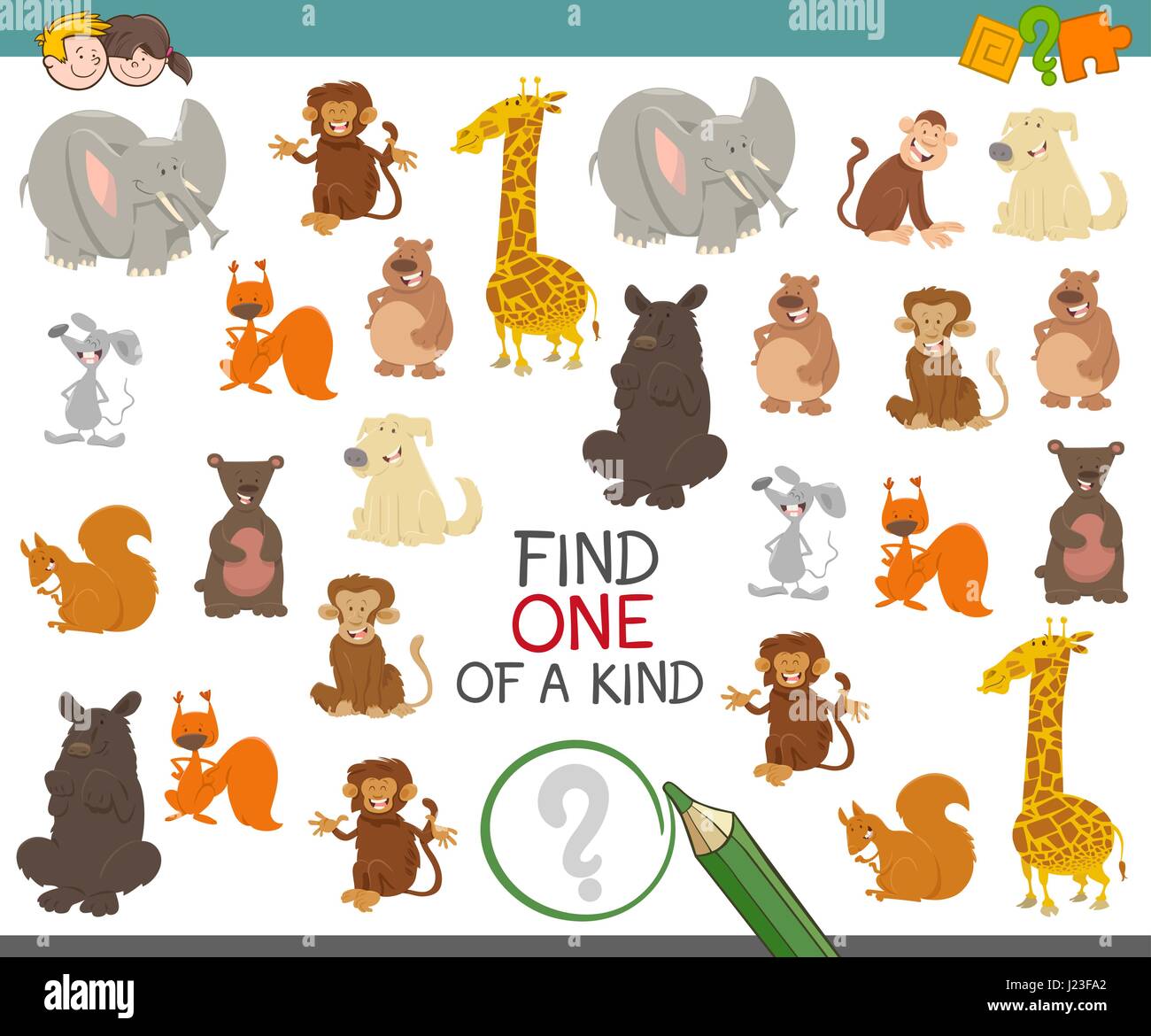 Cartoon Illustration of Find One of a Kind Educational Activity Game ...