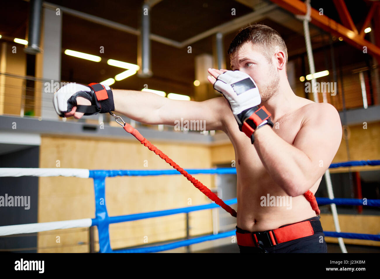 Portrait of shirtless fighter practicing straight punches with ...
