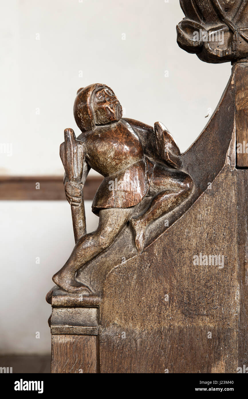 Pew Bench End Medieval Carvings, Thurgaton Church, Norfolk Stock Photo ...