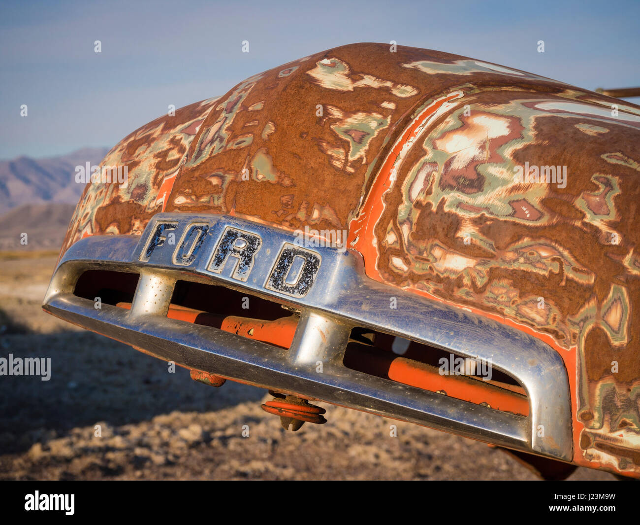 Hood of a rusty abandoned Ford pickup truck car wreck, left behind in ...