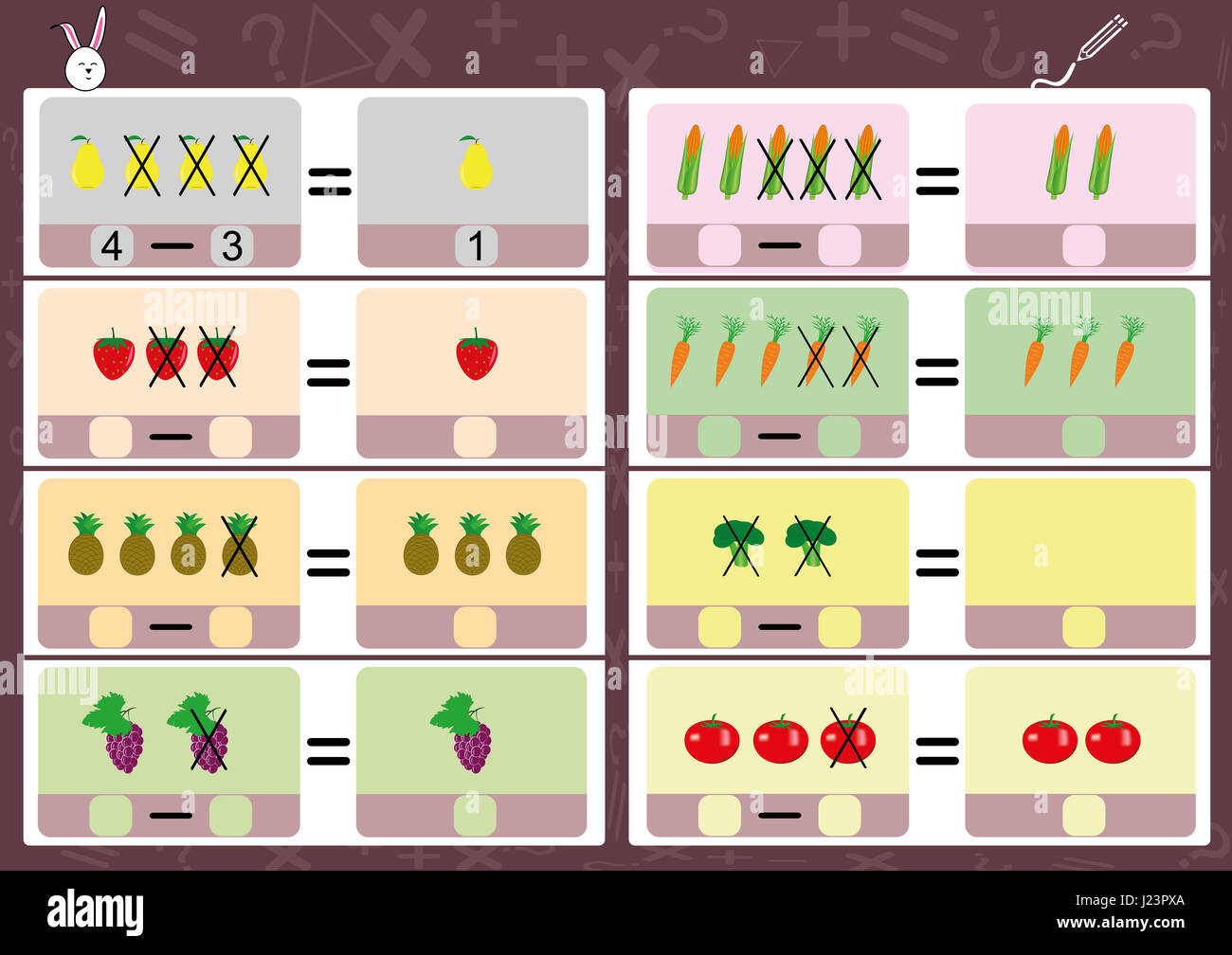 subtracting using pictures, math worksheet for kids Stock Photo - Alamy