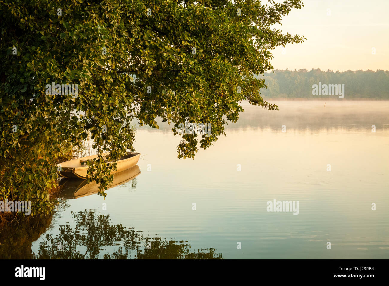 Morning fog above lake and dock boat Stock Photo - Alamy
