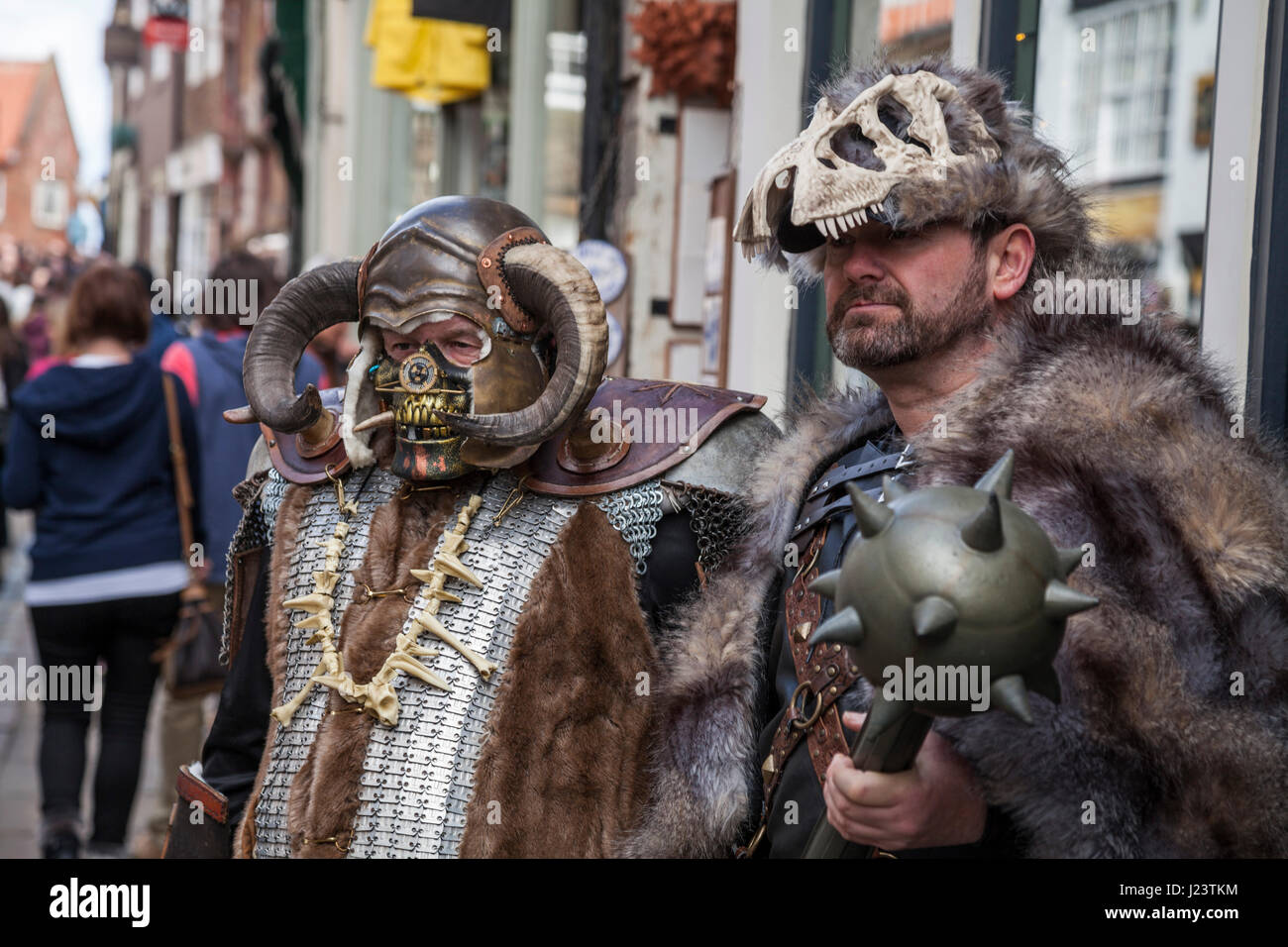 Two men dressed up in furs etc for the Whitby Goth celebrations in ...