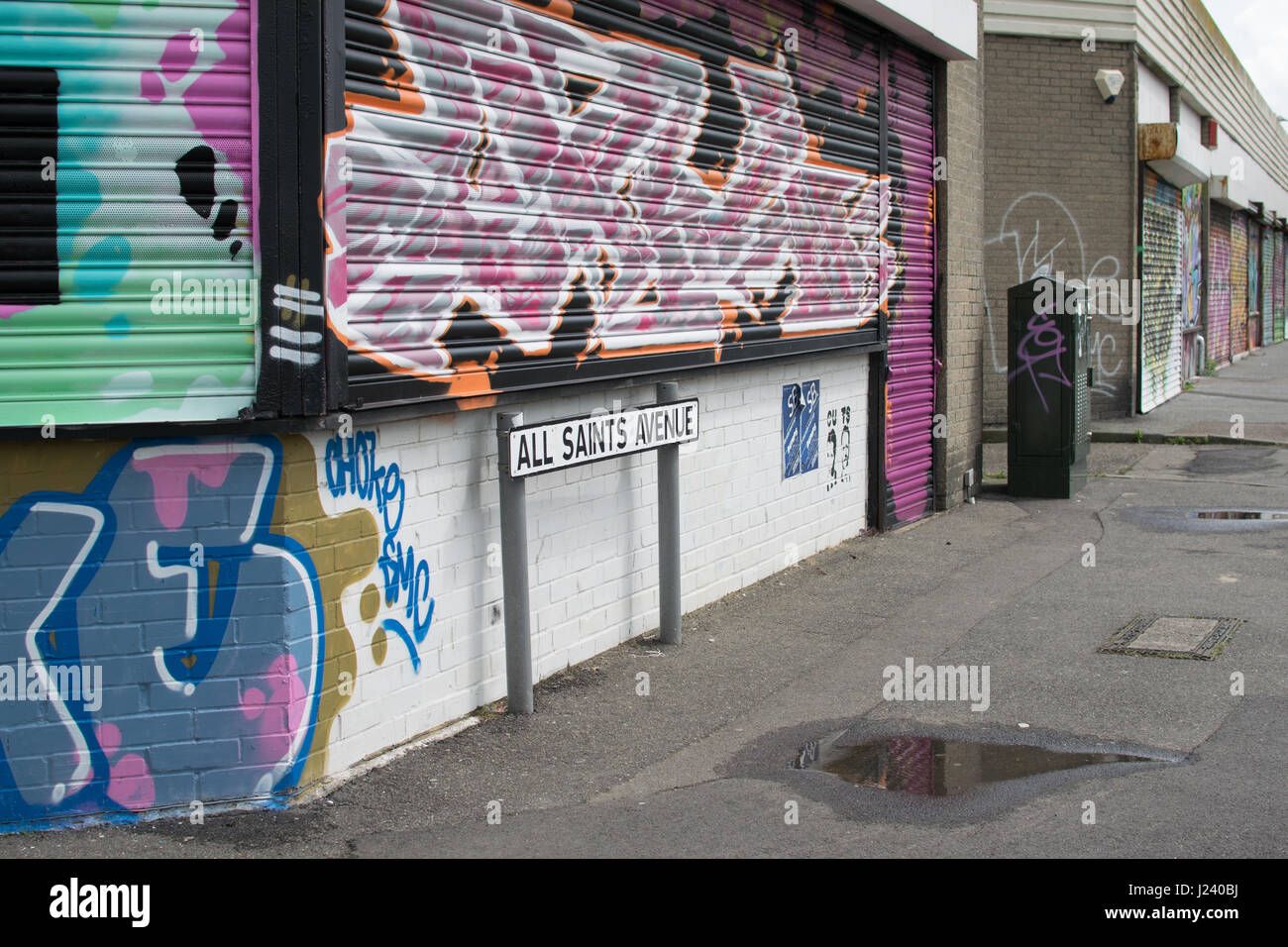 Graffiti on empty shops, All Saints Avenue, Margate, Kent, UK Stock ...