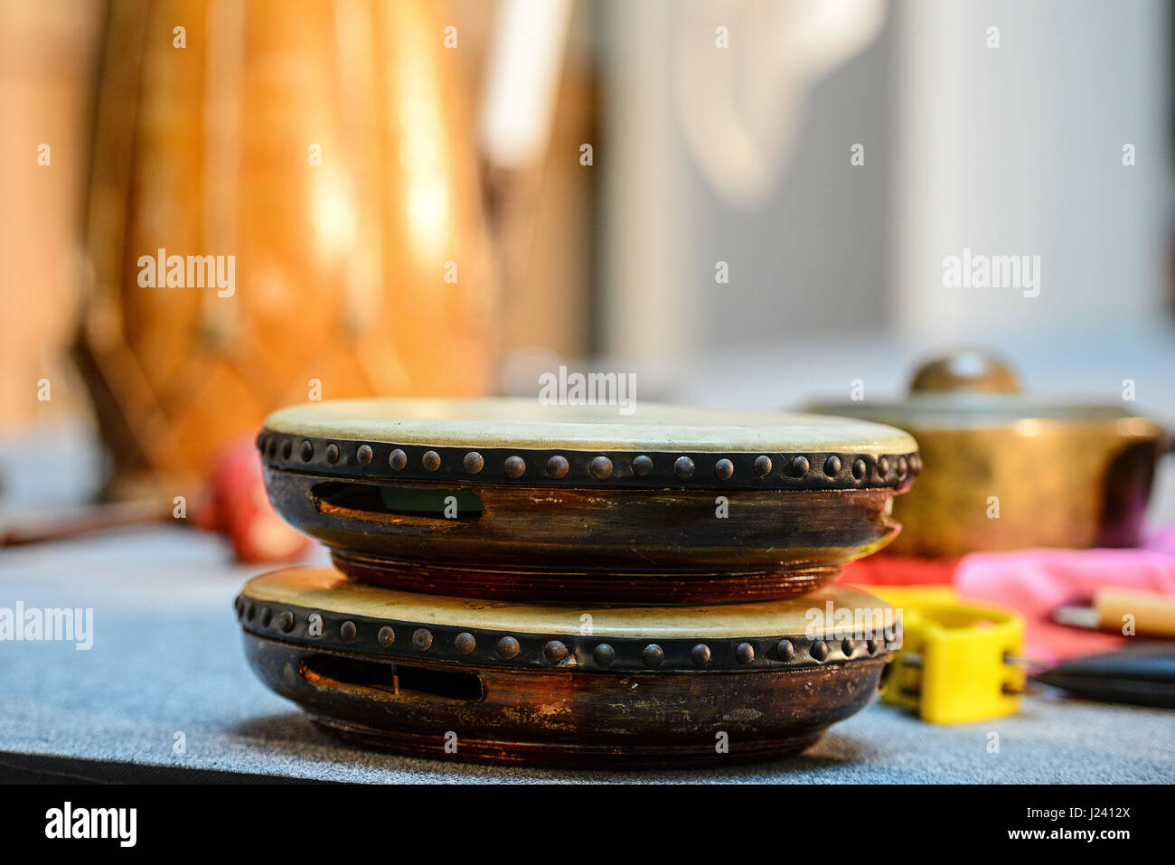 Indonesian ancient folk musical instruments. Close-up photography Stock ...