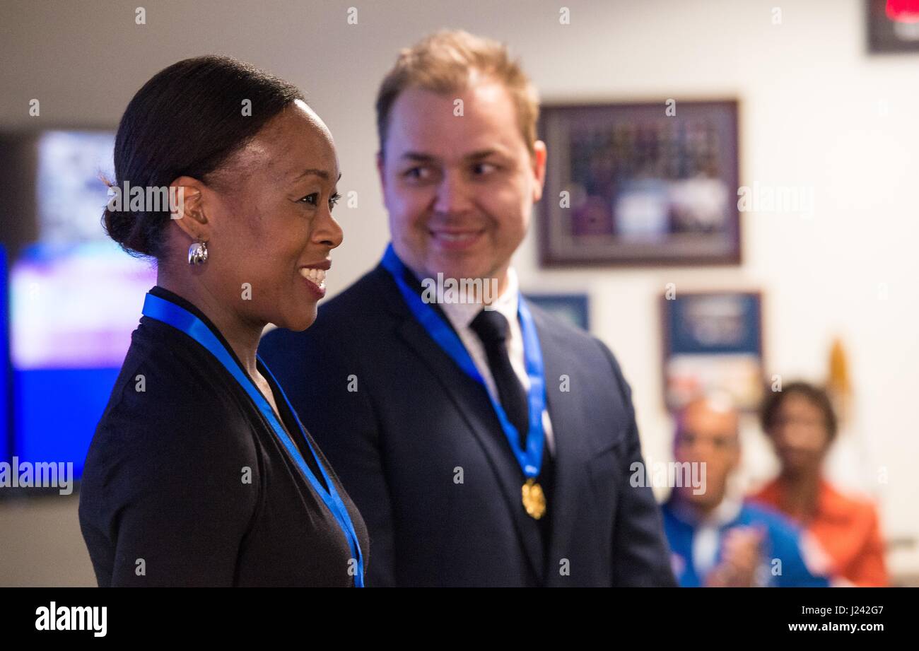 Author Margot Lee Shetterly, left, speaks after being awarded the NASA ...