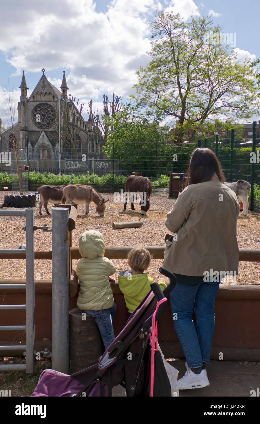 Mother and children visiting the Spitalfields City Farm in east London ...