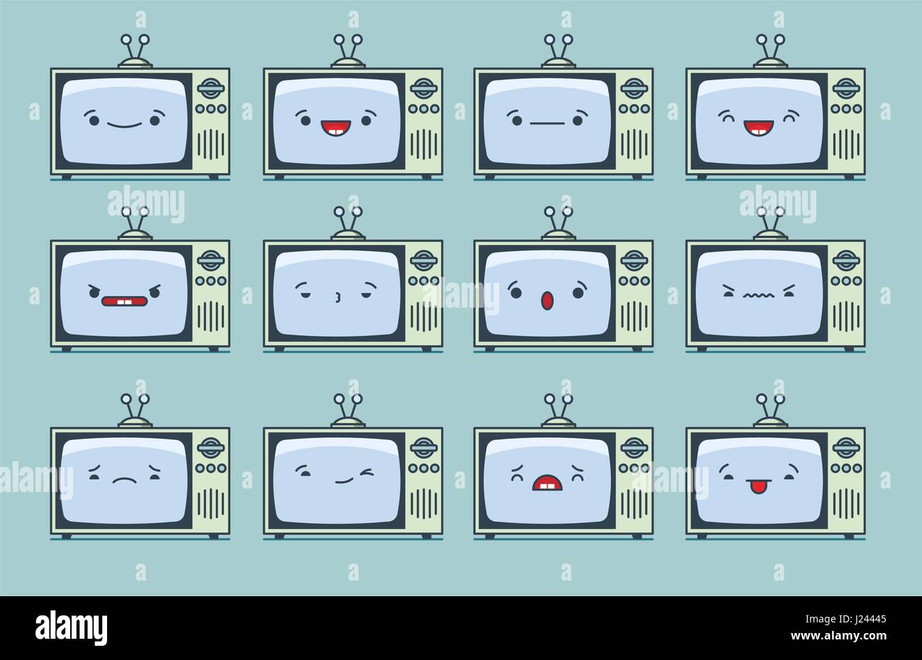 Set of vector kawaii retro TV emoticons. Isolated on pale blue ...
