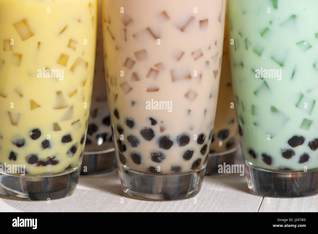 Bubble tea. Homemade Various Milk Tea with Pearls on wooden table Stock ...