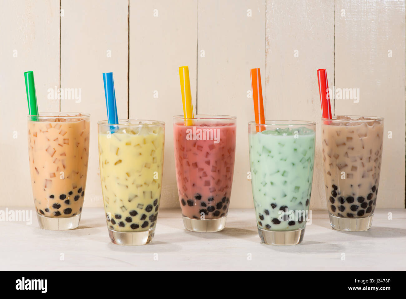 Boba / Bubble tea. Homemade Various Milk Tea with Pearls on wooden ...