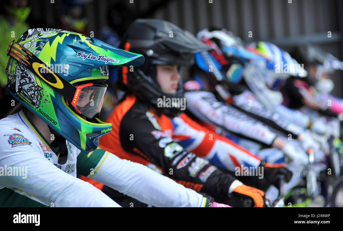 Birmingham Bike Park, Perry Barr, UK. 23rd April 2017. Riders wait on ...