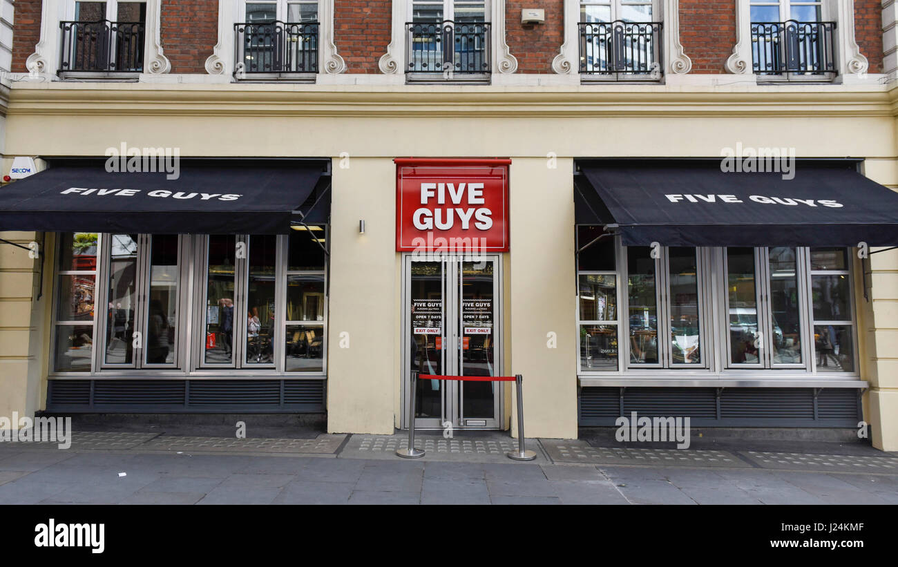 London, UK. 25th Apr, 2017. The Five Guys restaurant is seen in Covent ...
