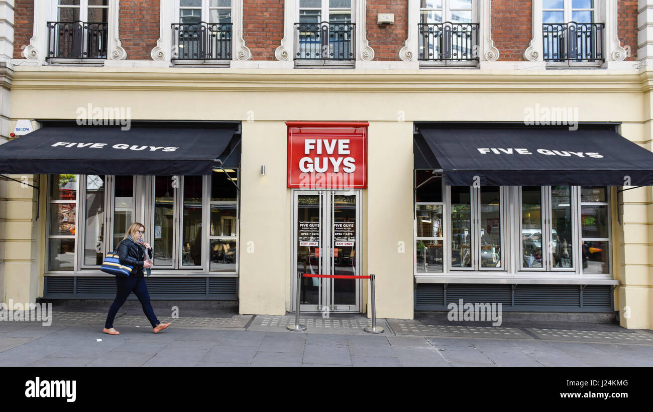 London, UK. 25th Apr, 2017. The Five Guys restaurant is seen in Covent ...