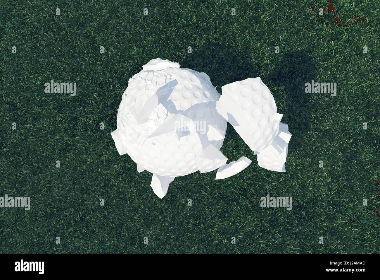 3D illustration Golf ball Scatters to pieces after a strong blow and ...
