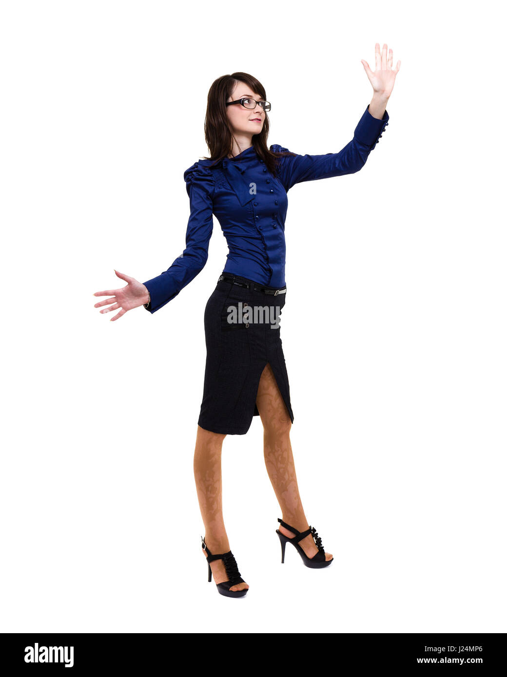 Business woman touching something imaginary Stock Photo - Alamy