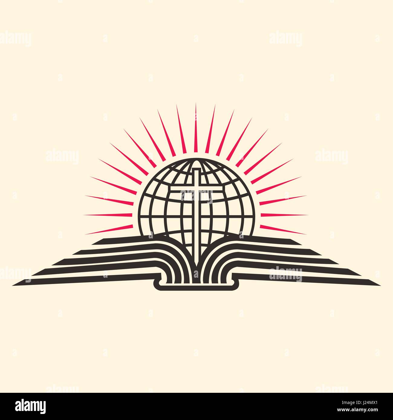 Church logo. Christian symbols. Bible, globe, cross and rays Stock ...