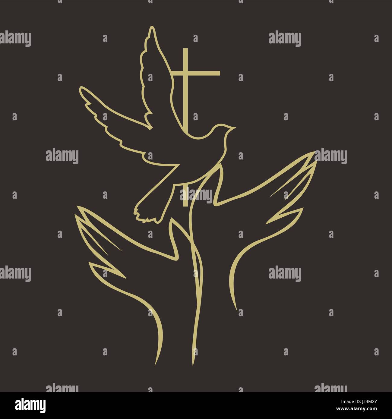 Church logo. Christian symbols. The cross of Jesus, the dove and arms ...