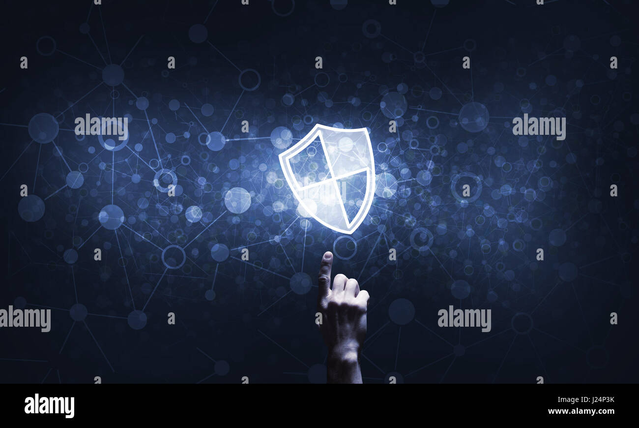 Blue shield icon as symbol of access protection on dark background ...