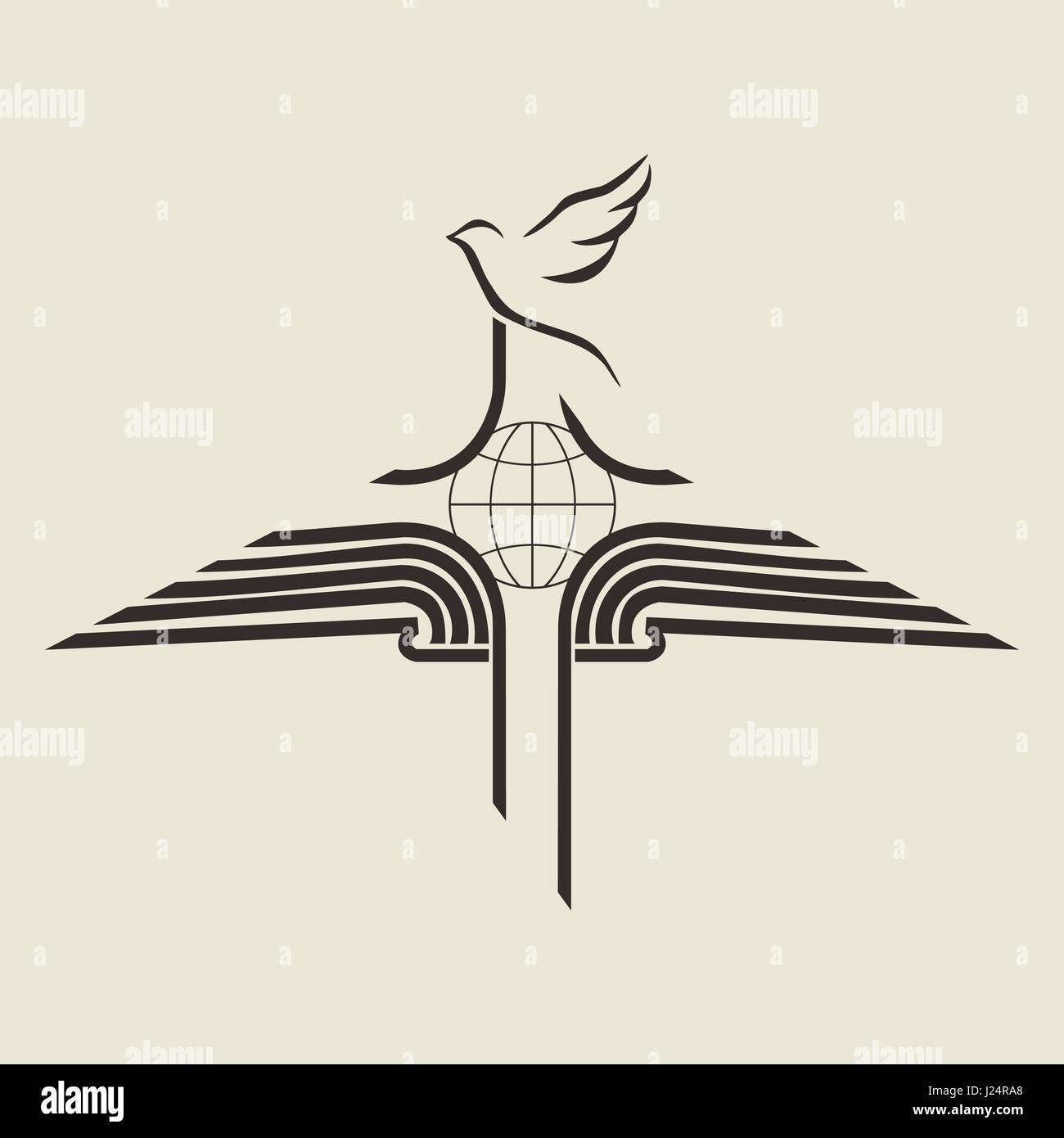 Christian print. Bible symbols. An open bible, a cross and a pigeon ...