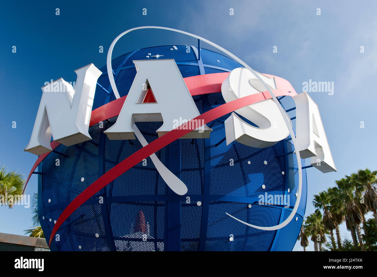 A large NASA logo outside the Visitor Complex at NASA's Kennedy Space ...