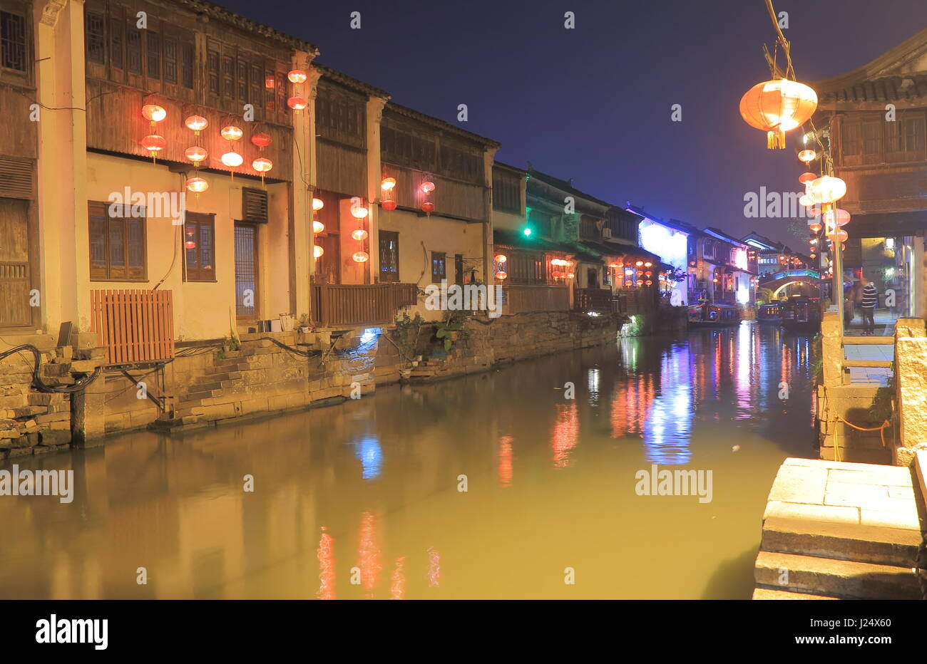 Shangtang historical area and canal night cityscape in Suzhou China ...