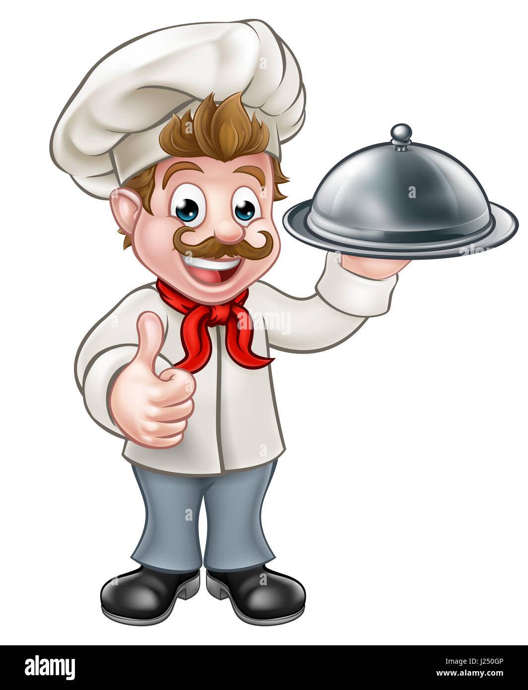 Cartoon chef or baker holding a silver cloche food meal plate platter ...