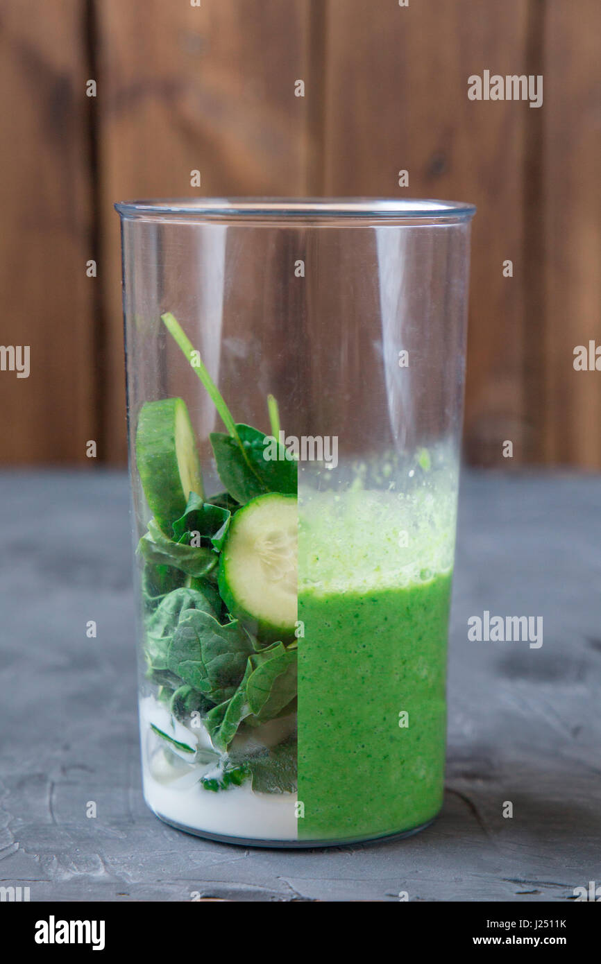 vegetables ready for green smoothie and ready smothie. before and after ...