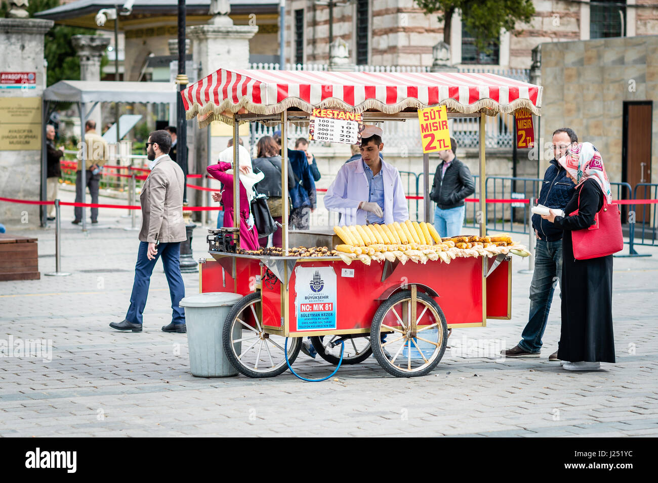 Istanbul, Turkey - April 12, 2017: Man is selling corn in Sultanahmet ...
