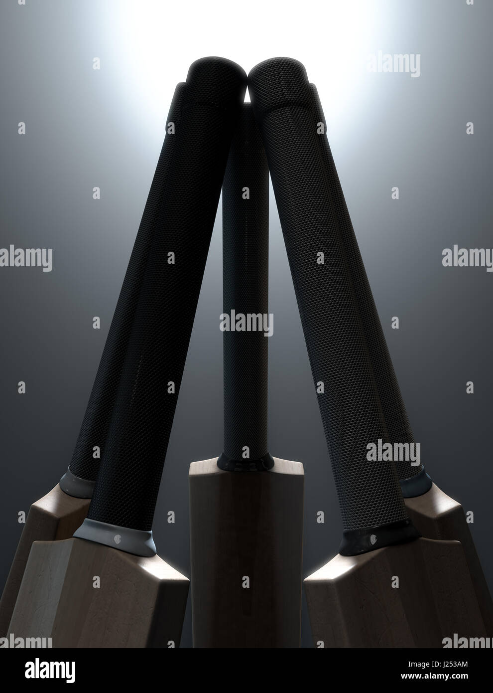 A circular array of generic cricket bats on a dark dramatic backlit ...