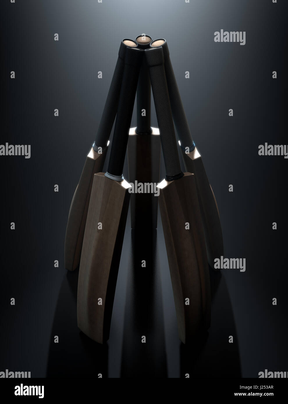 A circular array of generic cricket bats on a dark dramatic backlit ...